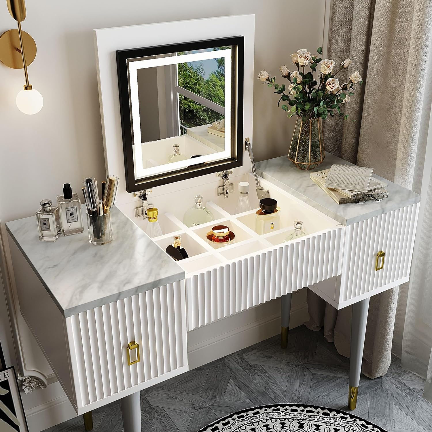 Amazon.com: Penifun Solid Wood 43.3" Vanity Table Set with Flip-top ...