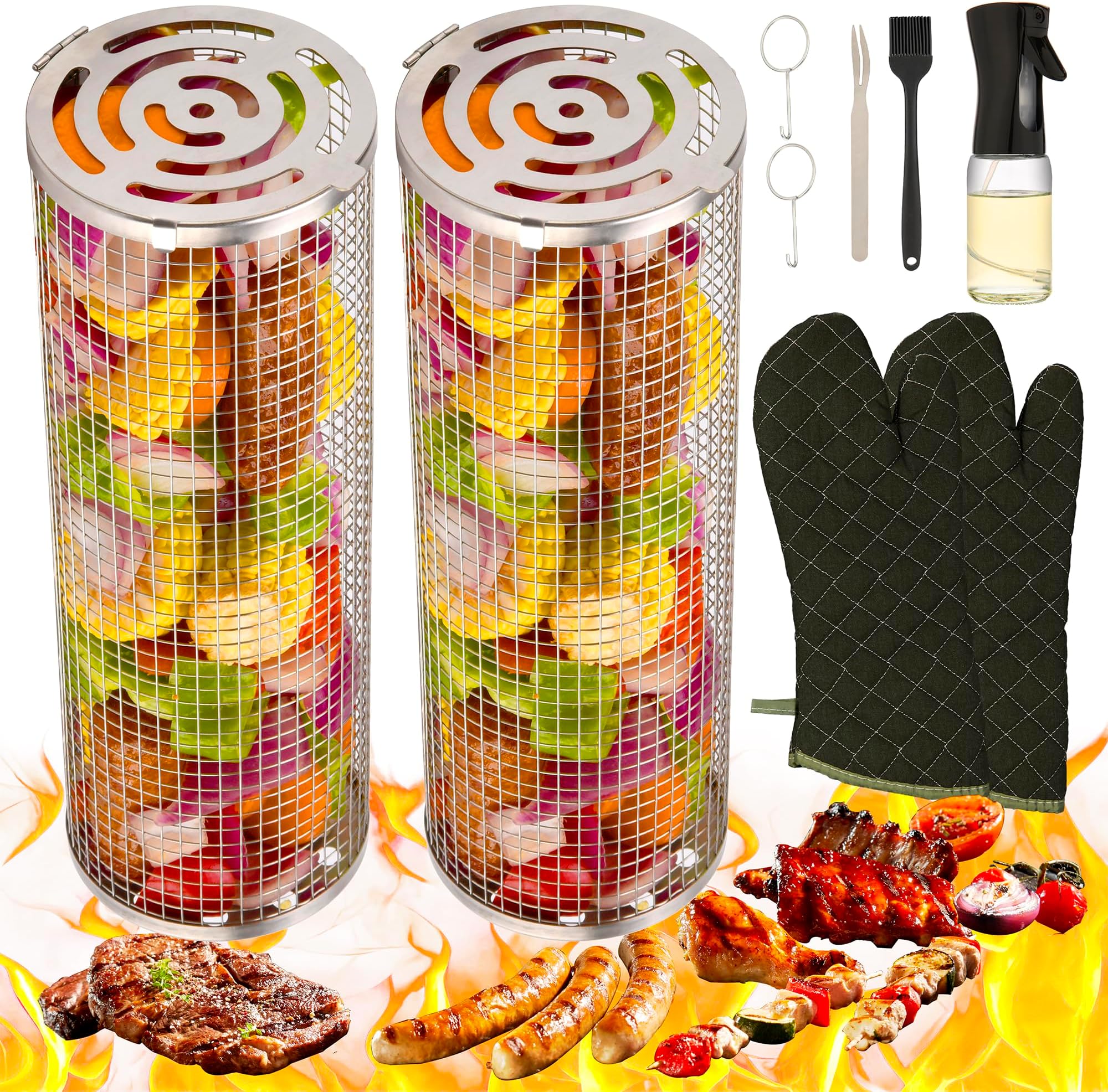 Amazon.com: Maidek Stainless Steel Rolling Grilling Basket Set ...