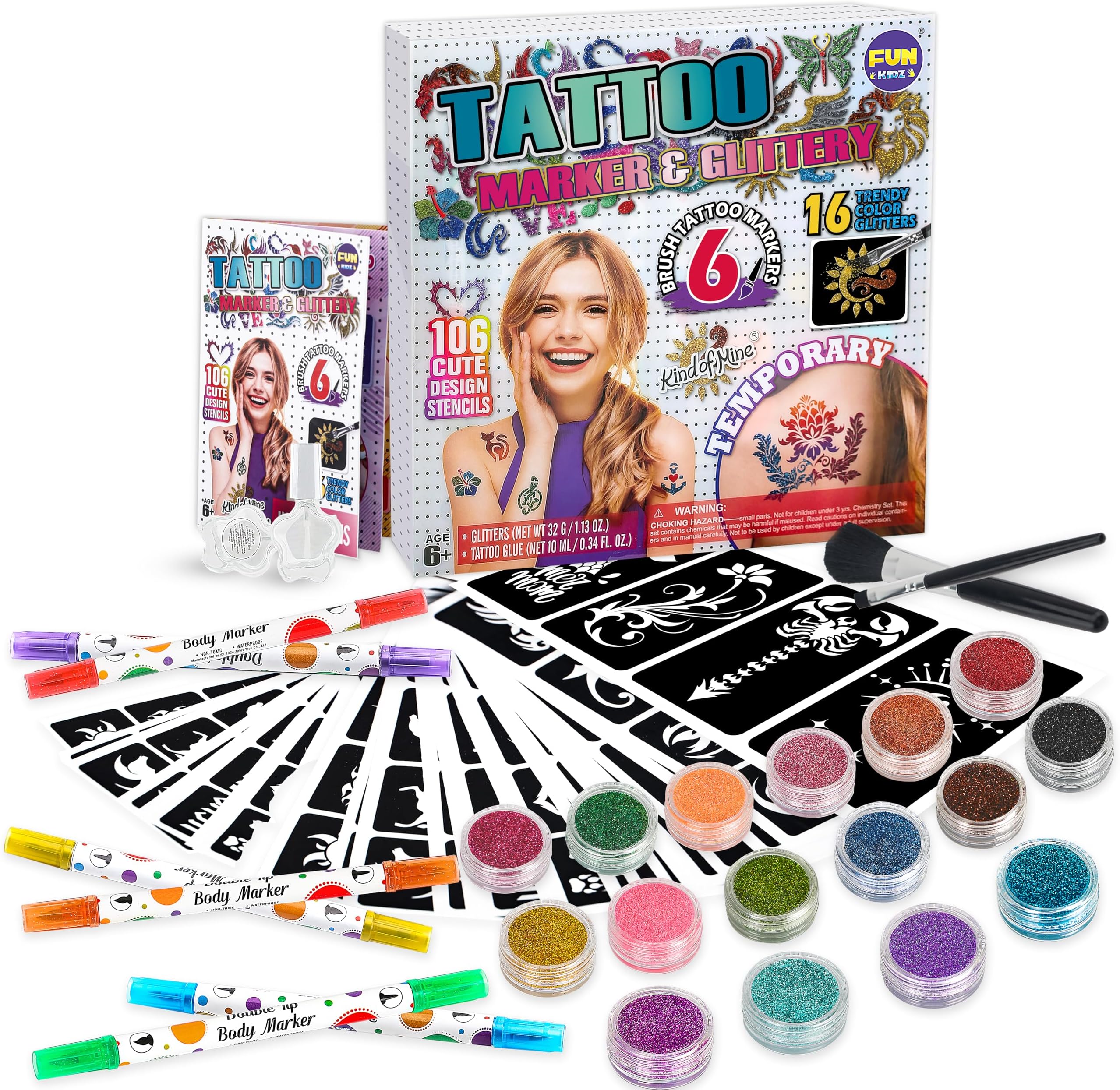 Amazon.com : Tattoo Kit for Kids Ages 8-12, FunKidz 6 Double Tips Sparkle Brush Body Art Markers ...