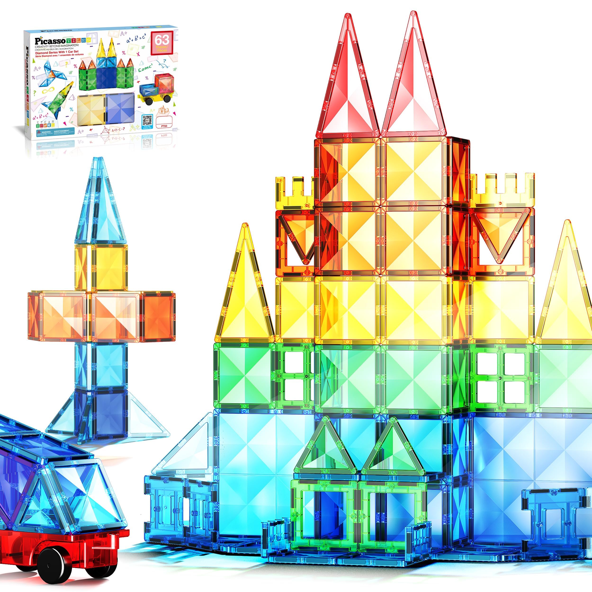 PicassoTiles 63 Piece Magnetic Building Block Construction Toy Set ...