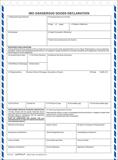 Amazon.com: Labelmaster F03 IMO Dangerous Goods Declaration Form, Snap ...