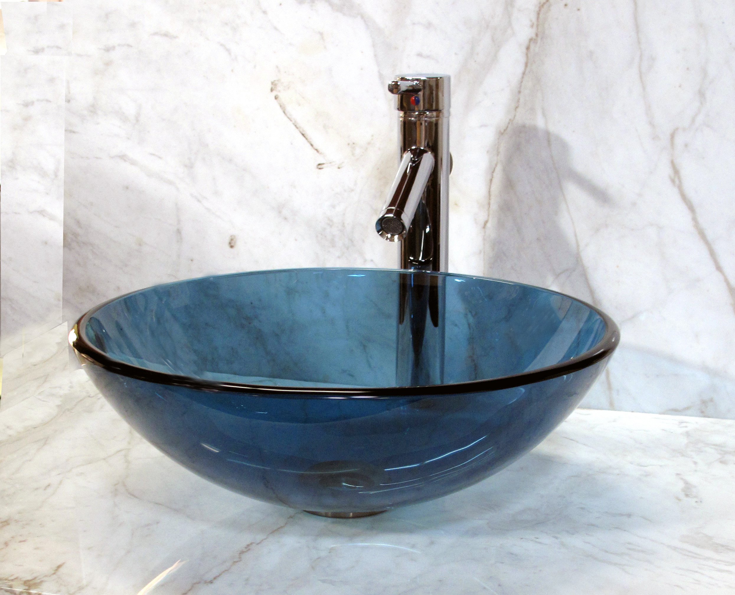1/2" Tempered Natural Clear Blue Glass Sink with Chrome Finish Vessel ...