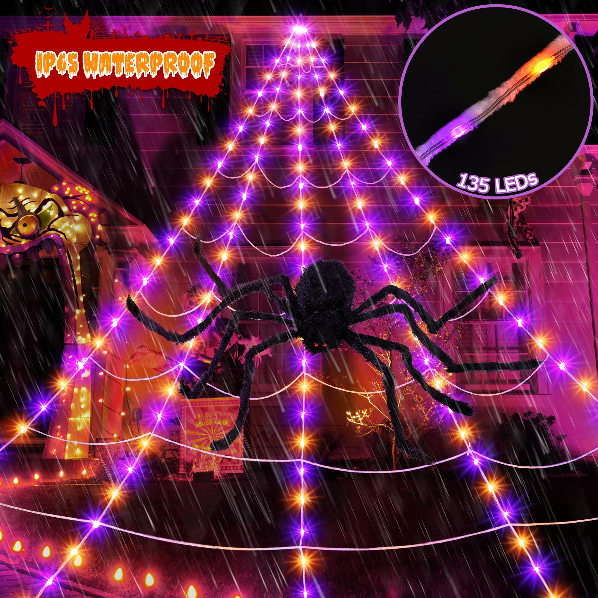 Meonum Halloween Spider Web Lights Outdoor Decoration, LED Giant Spider ...