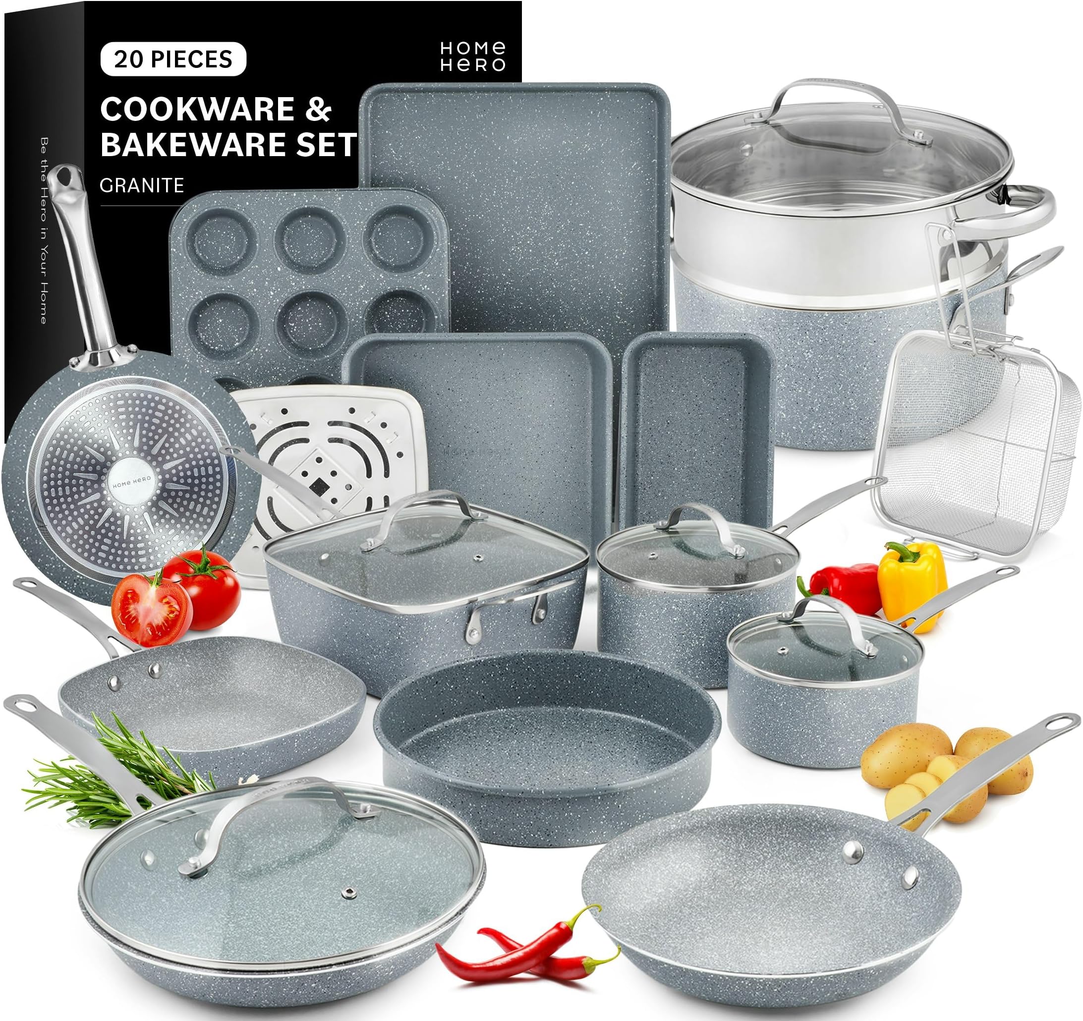 Amazon.com: Home Hero 23 Pcs Cookware Set + 20 Pcs Knife Set: Home ...