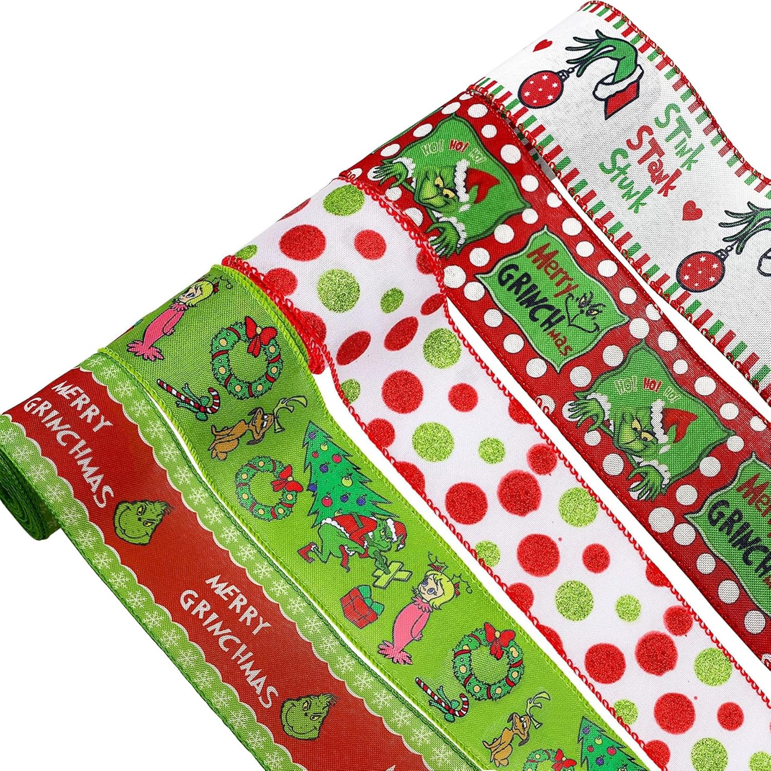 Amazon.com: 5 Rolls Christmas Grinch Wired Edge Ribbons 2.5 Inch Wide ...