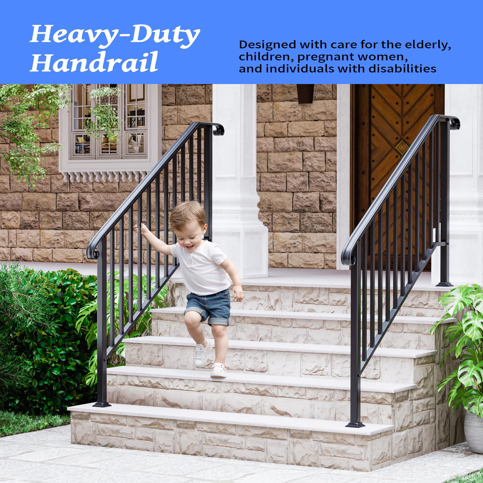 Snapklik.com : 2 Pack 5 Step Handrails For Outdoor Steps, Wrought Iron ...