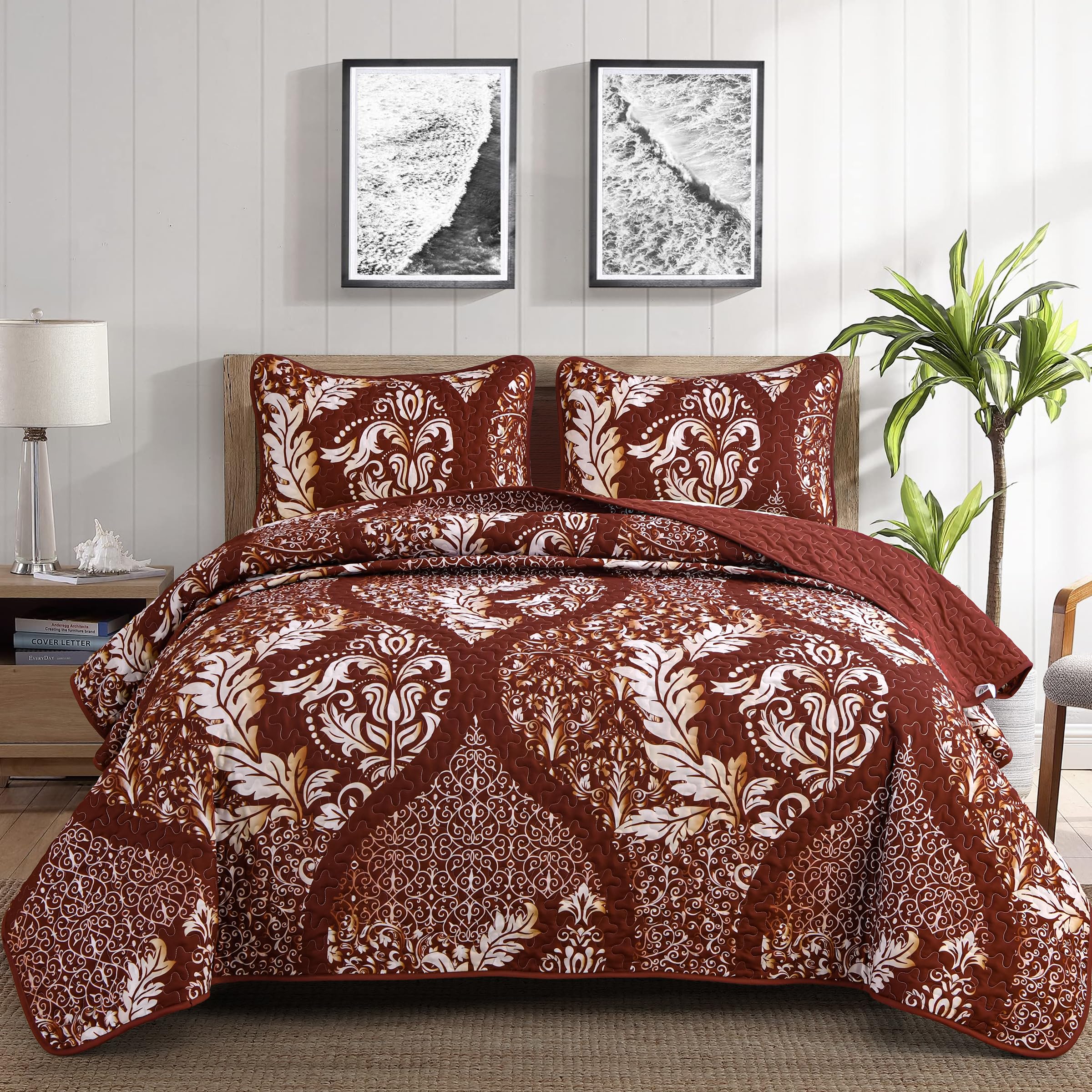 Amazon.com: Burgundy Quilt Set King Size, Boho Red Gold Damask ...