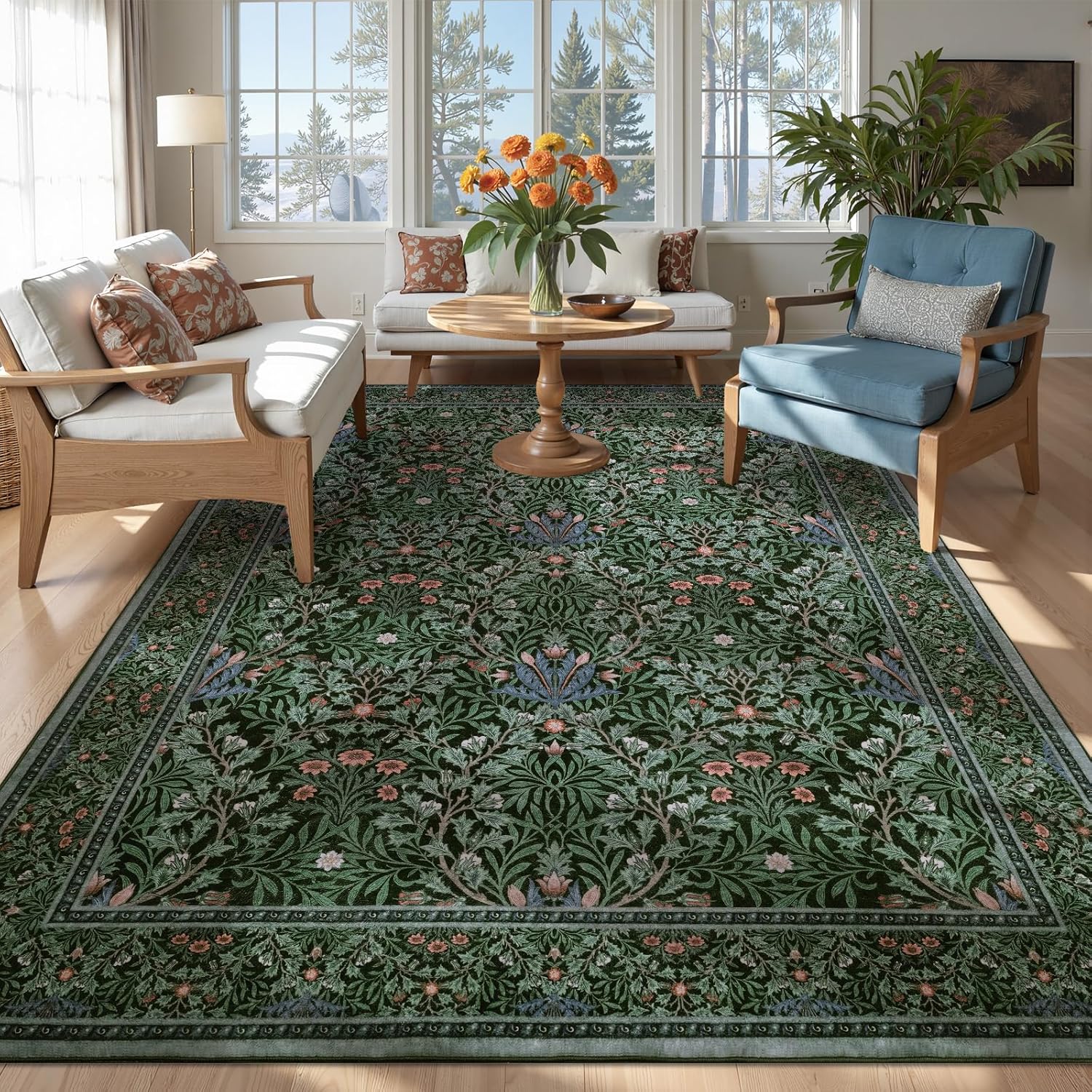 Amazon.com: Dark Green Floral Washable Rugs 5x7, Vintage Forest Green ...