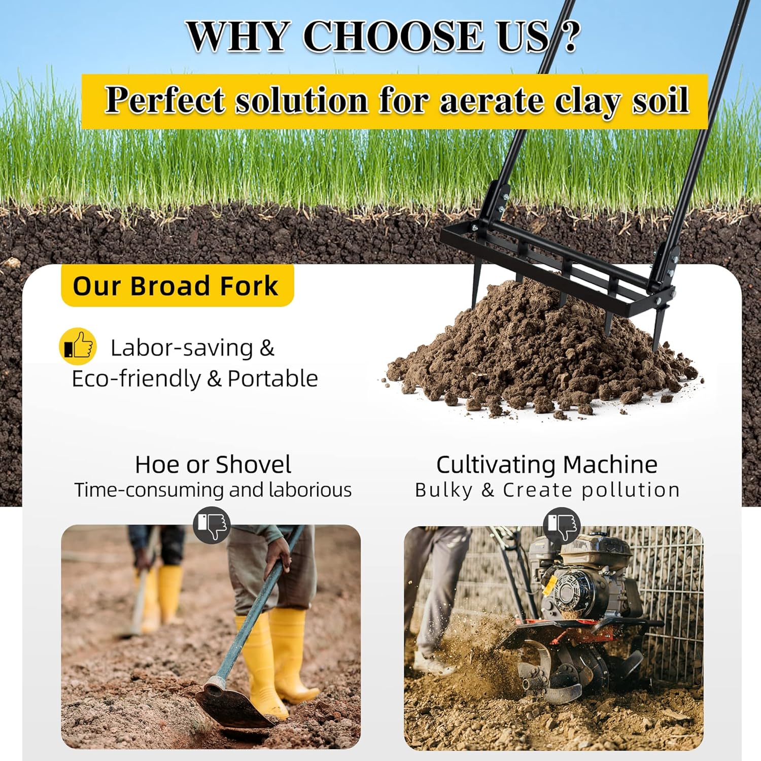 Buy Kareturn Broad Fork Tool, 5 tines Hand Tiller Broadfork,20 in Wide ...