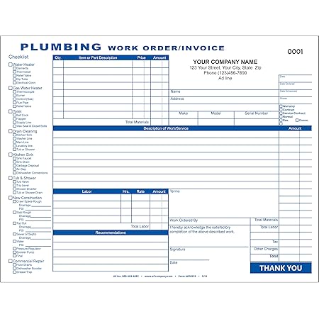 Amazon.com : Plumbing Work Order/Invoice, 3 Copy (Triplicate) 11"x8.5 ...