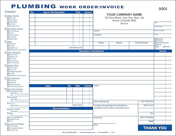 Amazon.com : Plumbing Work Order/Invoice, 3 Copy (Triplicate) 11"x8.5 ...