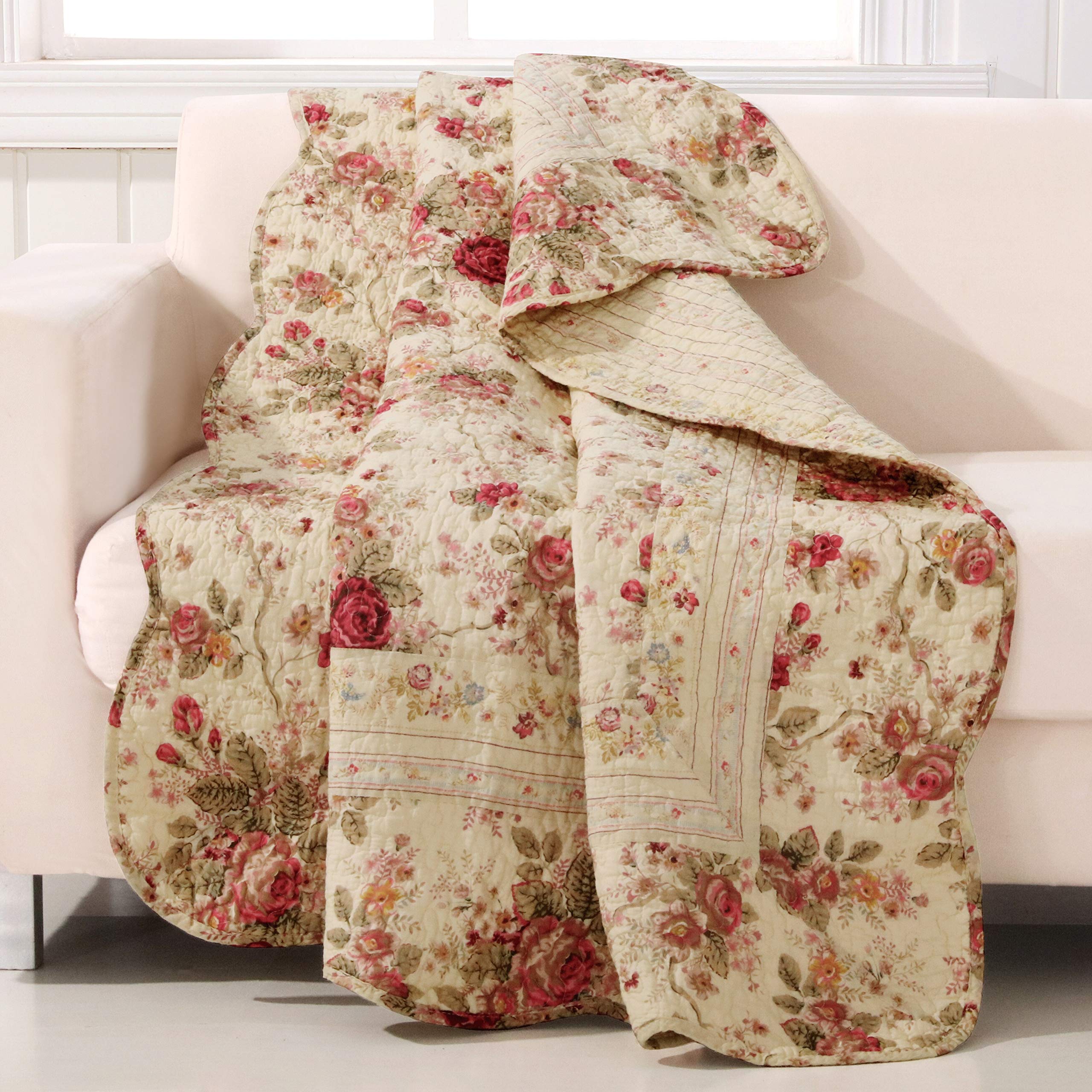 Amazon.com: Antique Rose Throw Cream Pink Red Floral French Country ...