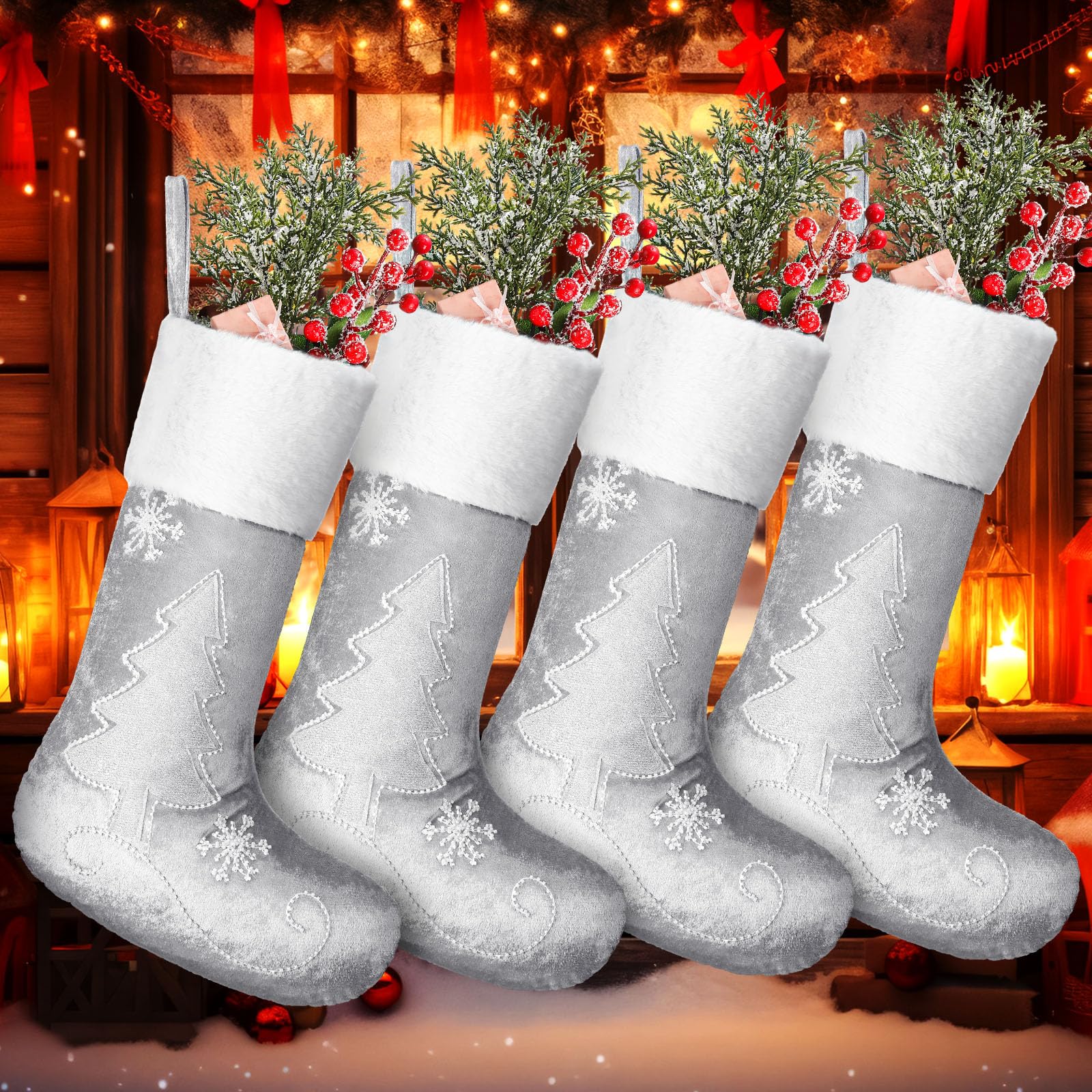 Amazon.com: Christmas Stockings 4 Pcs Silver Grey Embroidered Stocking ...