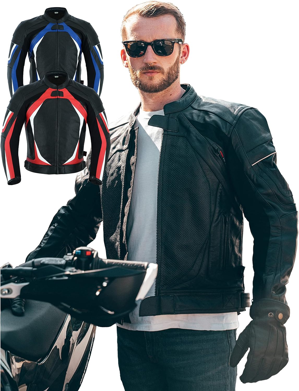 Texpeed Mens Leather Motorcycle Jacket - Perforated Racing Motorbike ...