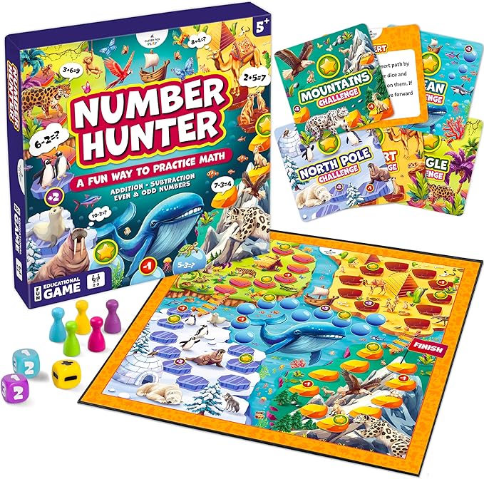 Amazon.com: Number Hunter Math Board Game – Addition & Subtraction ...