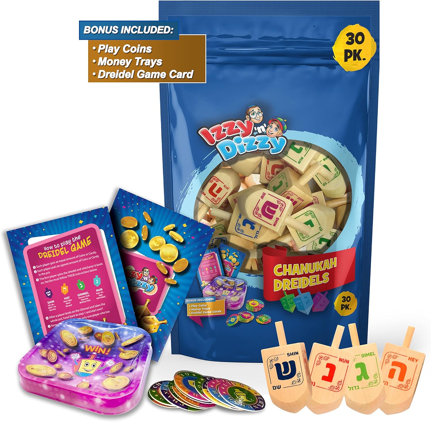 Amazon.com: Izzy 'n' Dizzy 30 Medium Wood Dreidels - Classic Chanukah ...