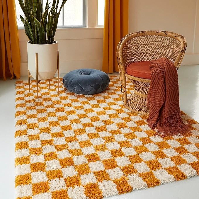 Amazon.com: Balta Rugs Oslo Checkered Shag Rug, Yellow, 5' 3" x 7 ...