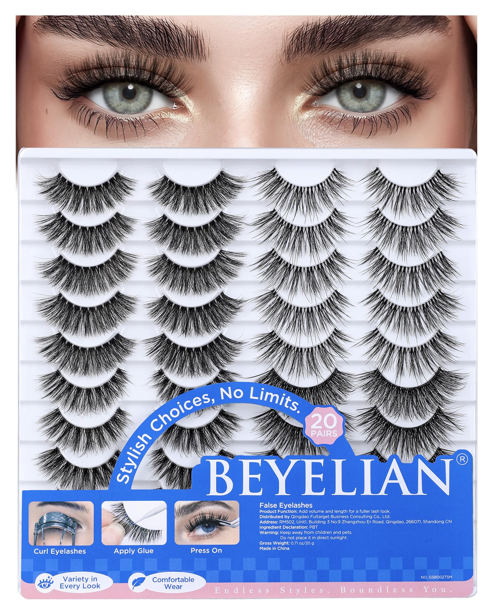 Amazon.com: BEYELIAN Fake Eyelashes Strip 20 Pairs Fluffy Cat Eye ...