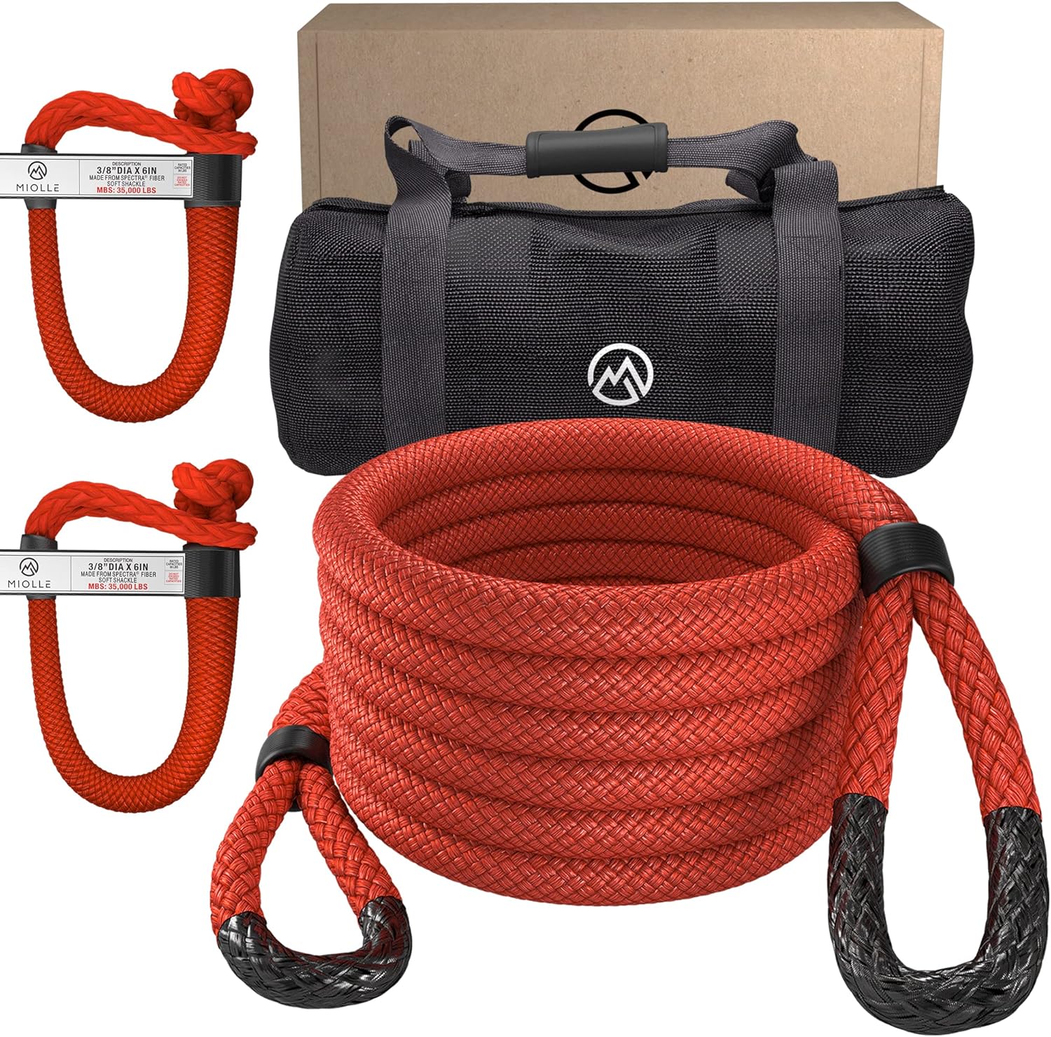 Miolle 7/8" x 30' Kinetic Recovery & Tow Rope, Red (29,300 lbs), with 2 ...