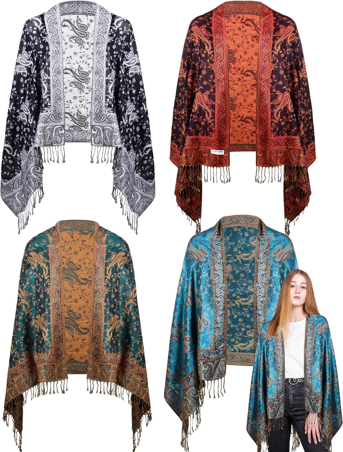 Suhine 4 Pieces Pashmina Shawl Paisley Pattern Pashmina Scarf with ...