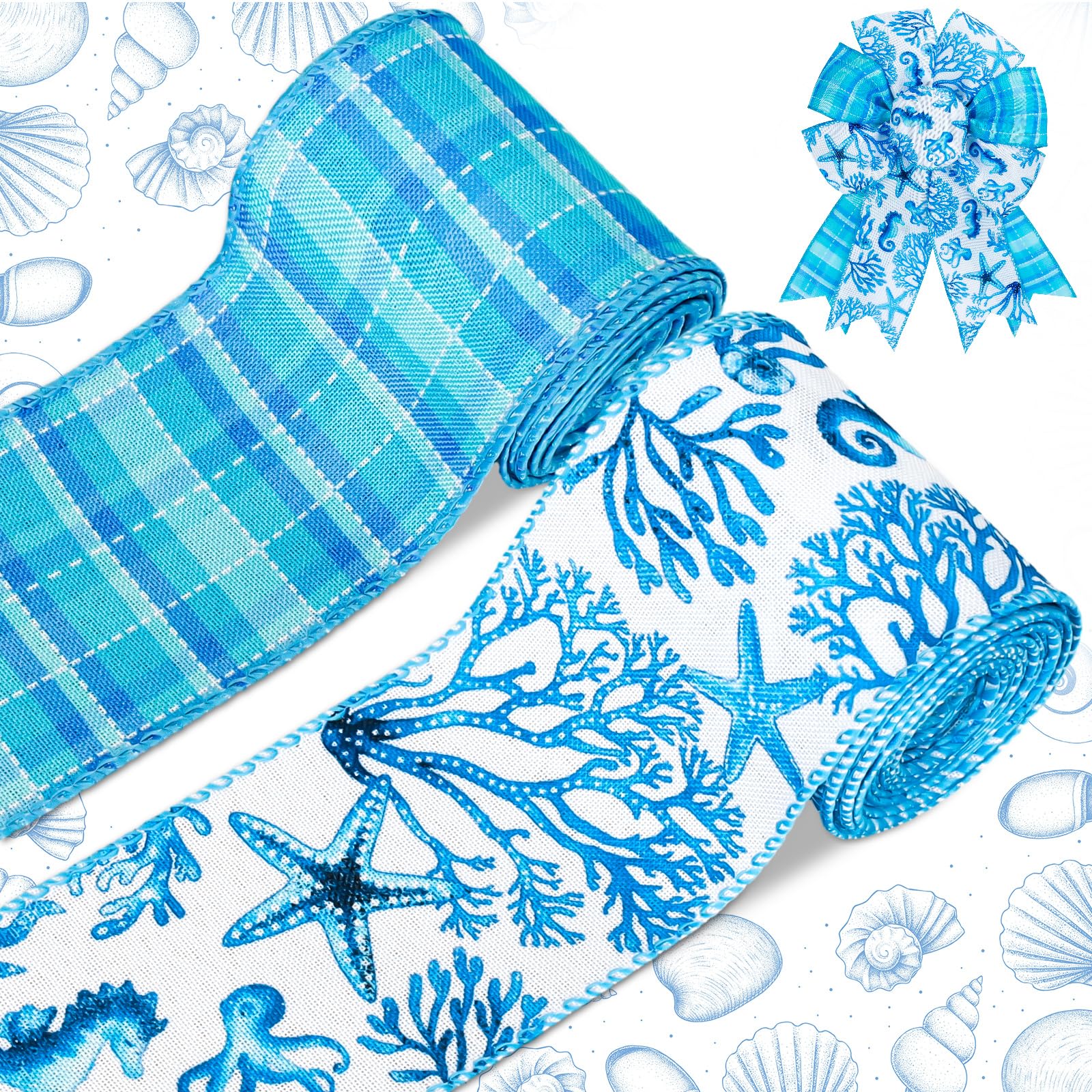 Amazon.com: Whaline 2 Rolls Summer Wired Edge Ribbon 2.5 Inch Seahorse ...