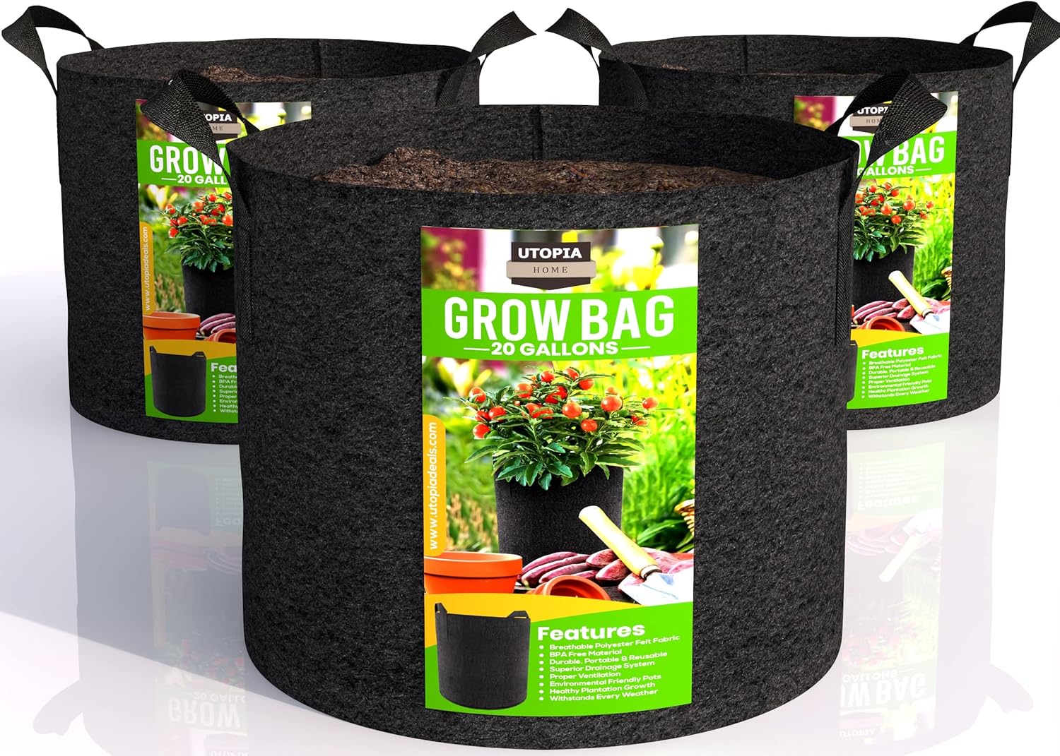 Amazon.com : Utopia Home 3-Pack 20 Gallon Fabric Grow Bags, Heavy Duty ...