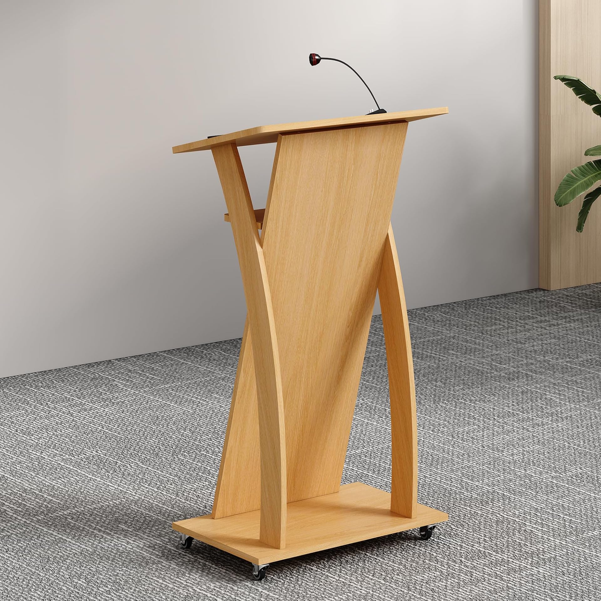 Mobile Wooden Podium Stand With Wheels Lectern Oak Color 16mm ...