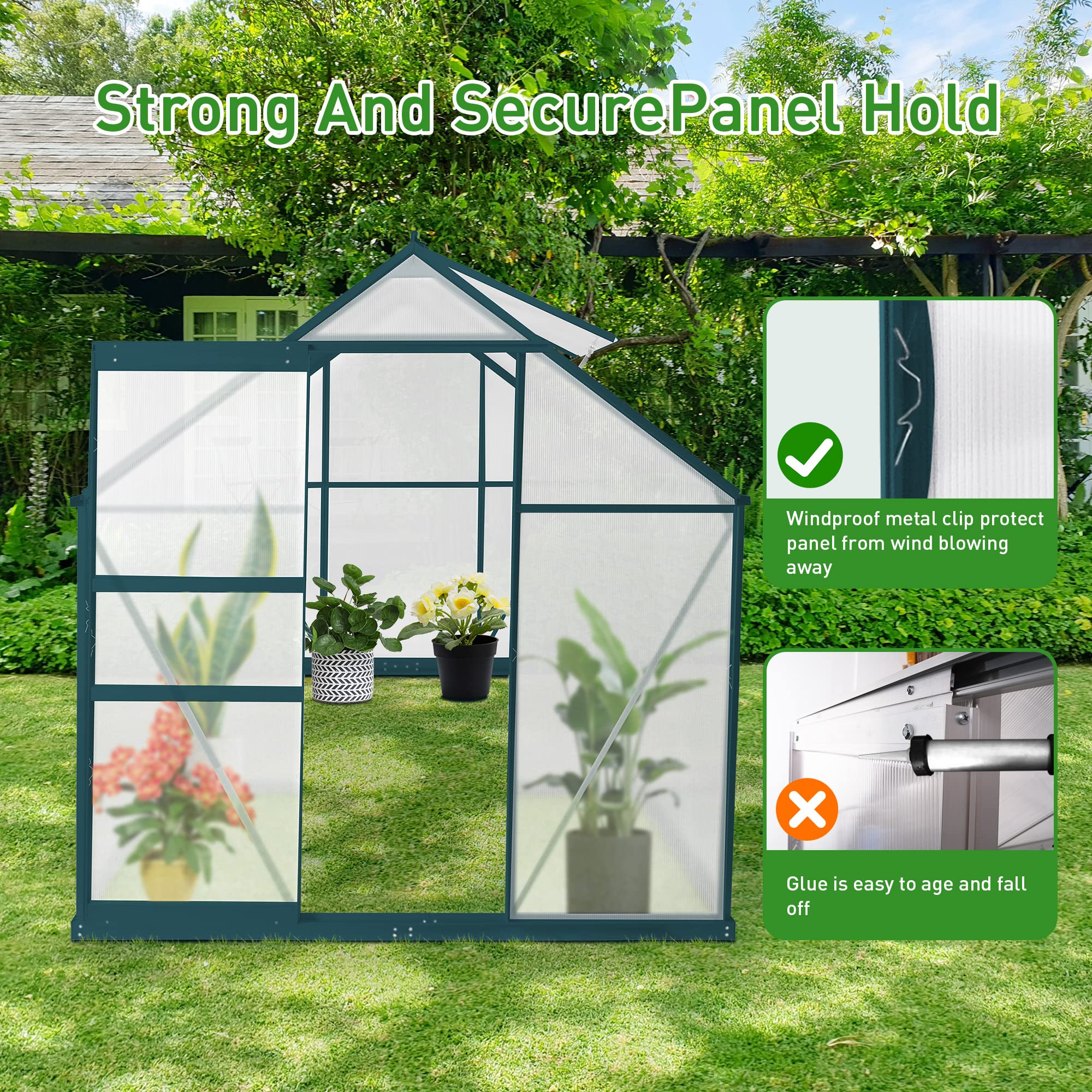 6'X 10' Walk-in Greenhouse, Polycarbonate Greenhouse with Sliding Door ...