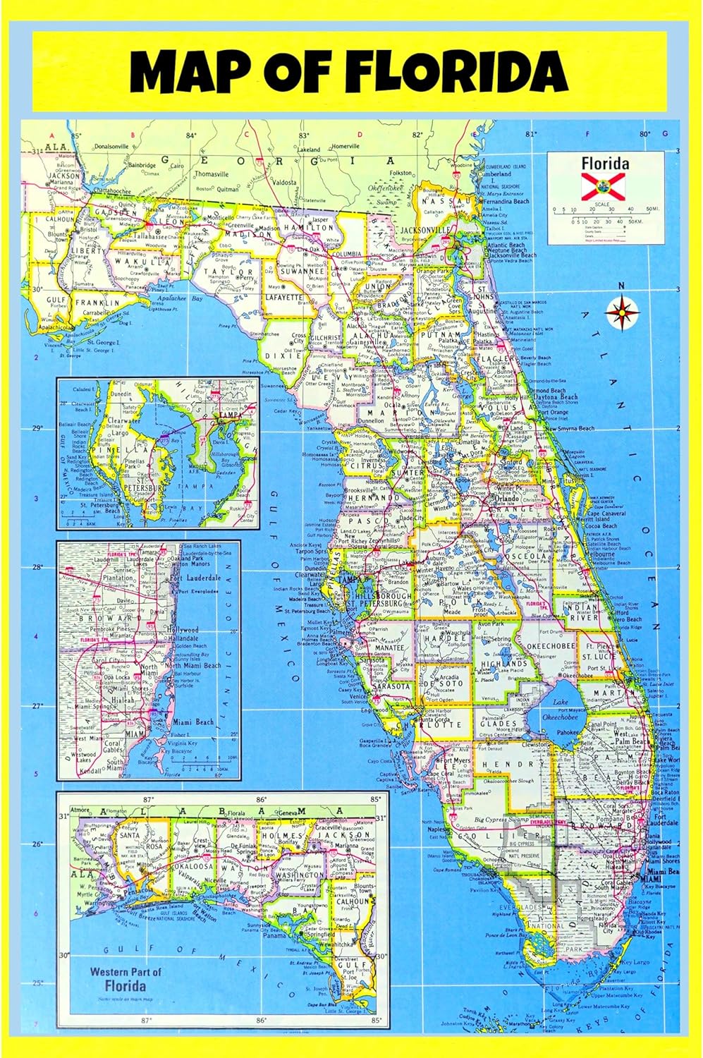 Amazon.com: Map of Florida Style E 17x24 - Glossy Heavy Paper Wall Map ...