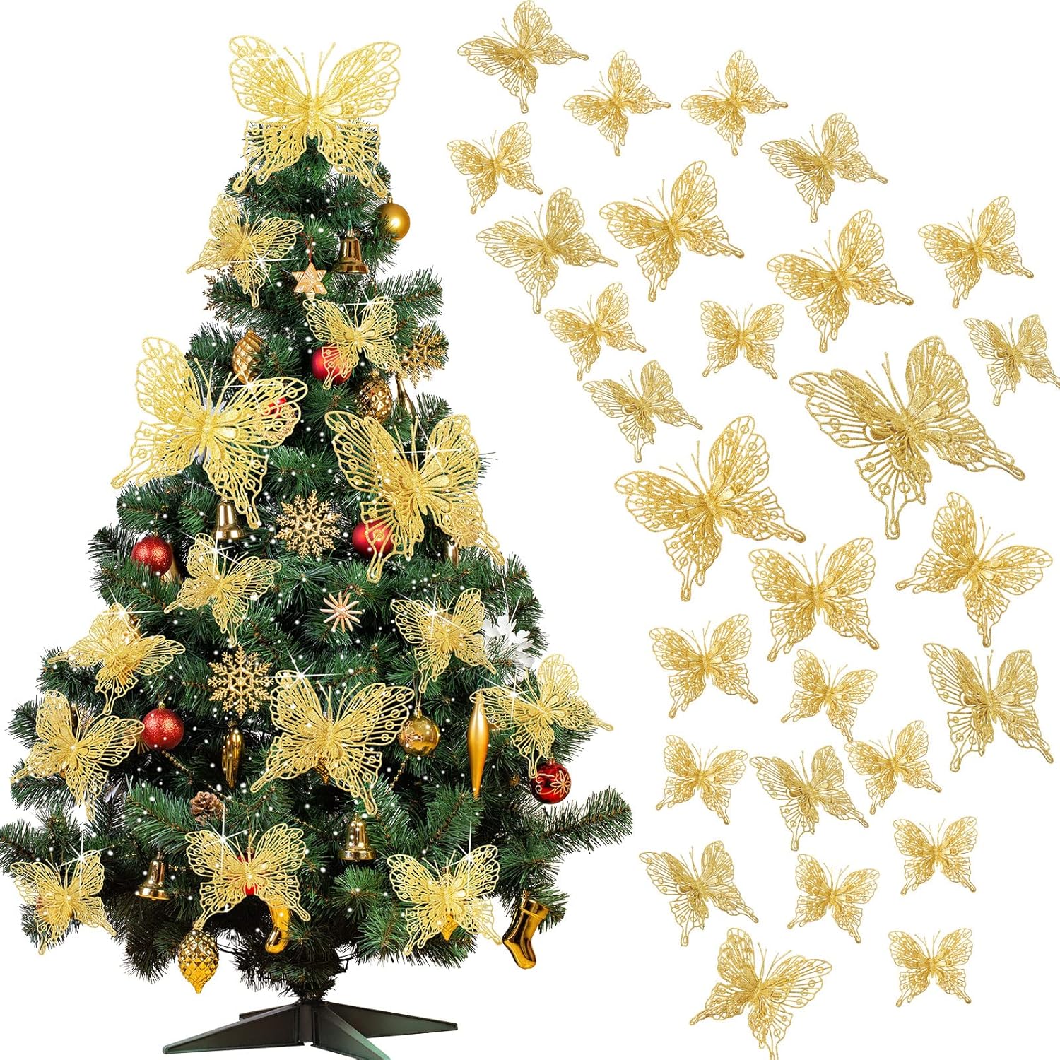 Amazon.com: Charniol 36 Pcs 3 Size Christmas Tree Butterfly Decorations ...
