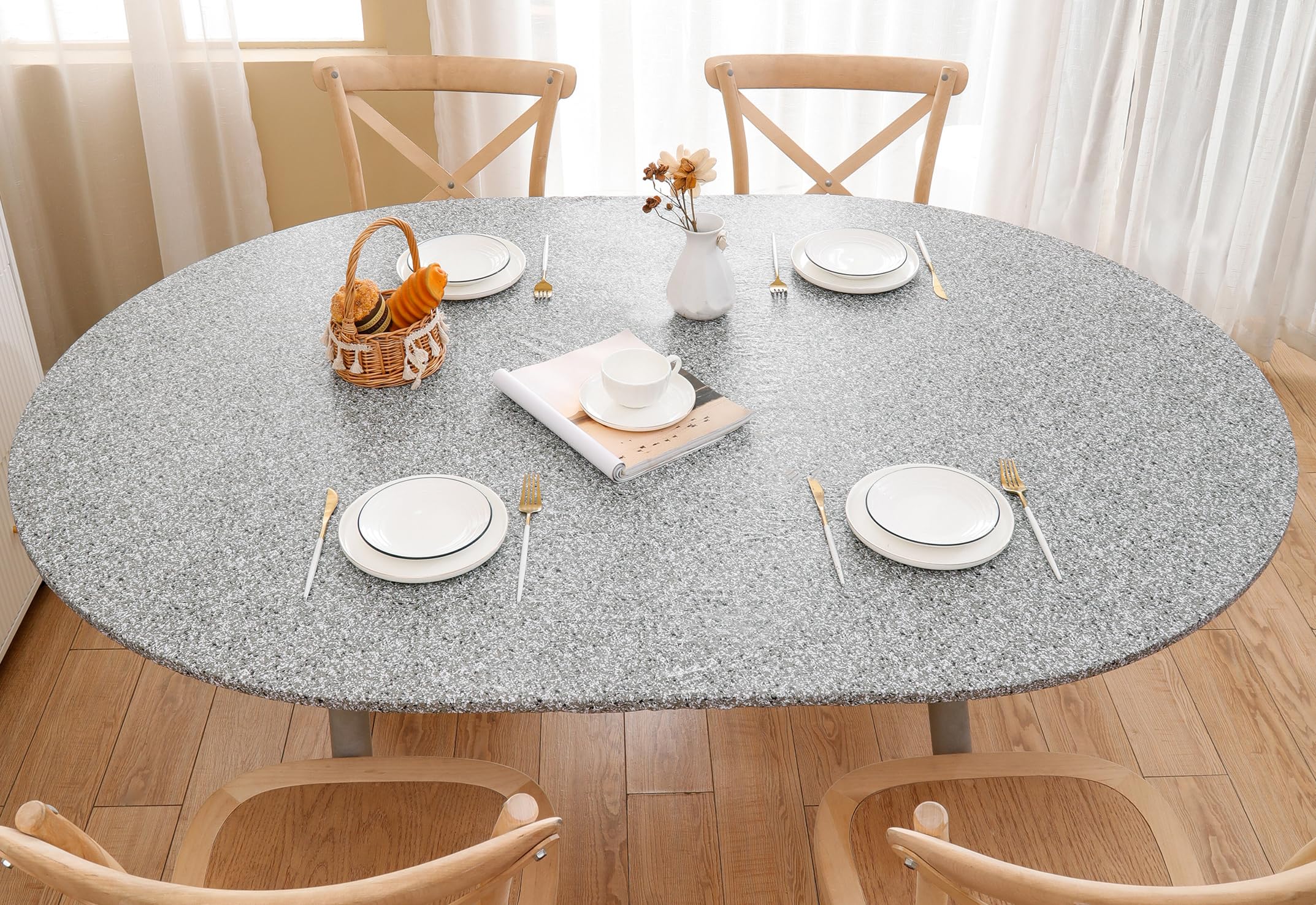 Amazon.com: Oval Vinyl Fitted Tablecloth with Flannel Backing Elastic ...
