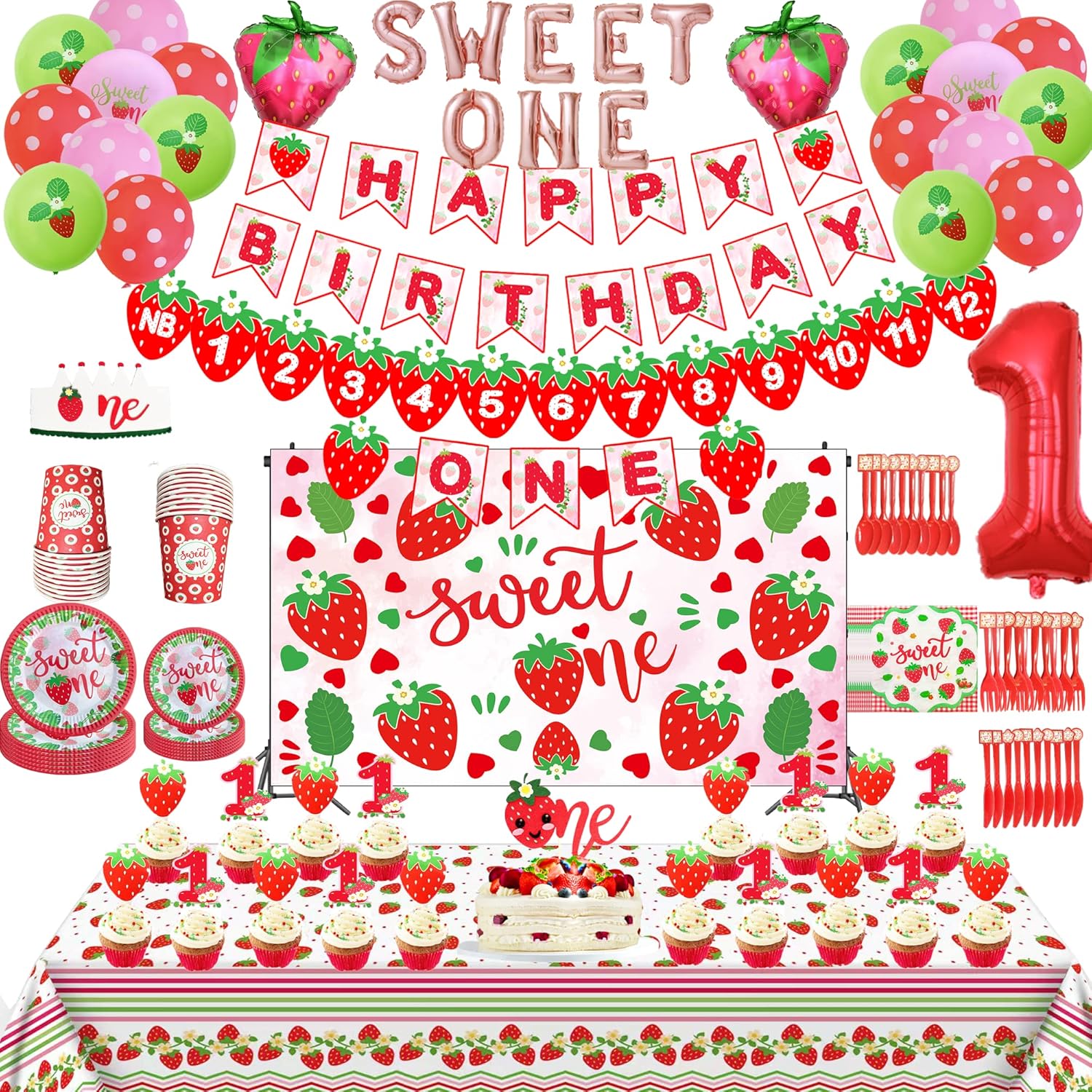 Amazon.com: Guienco Strawberry Theme Birthday Party Include Banner ...
