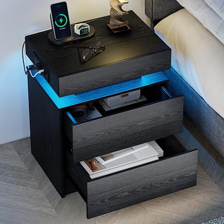 Amazon.com: LIKIMIO Night Stand with Charging Station, Modern Black ...