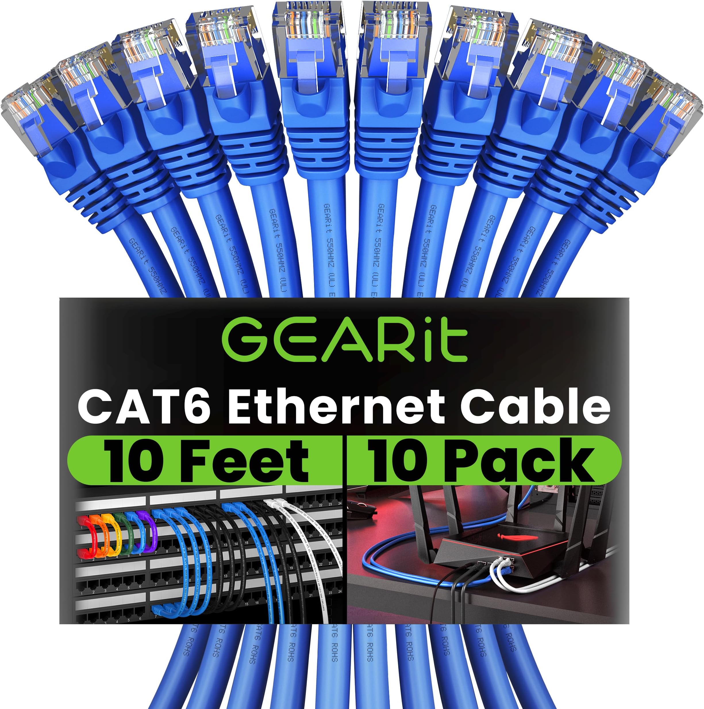 GearIT 10 Pack, Cat 6 Ethernet Cable Cat6 Snagless Patch 10 Feet ...