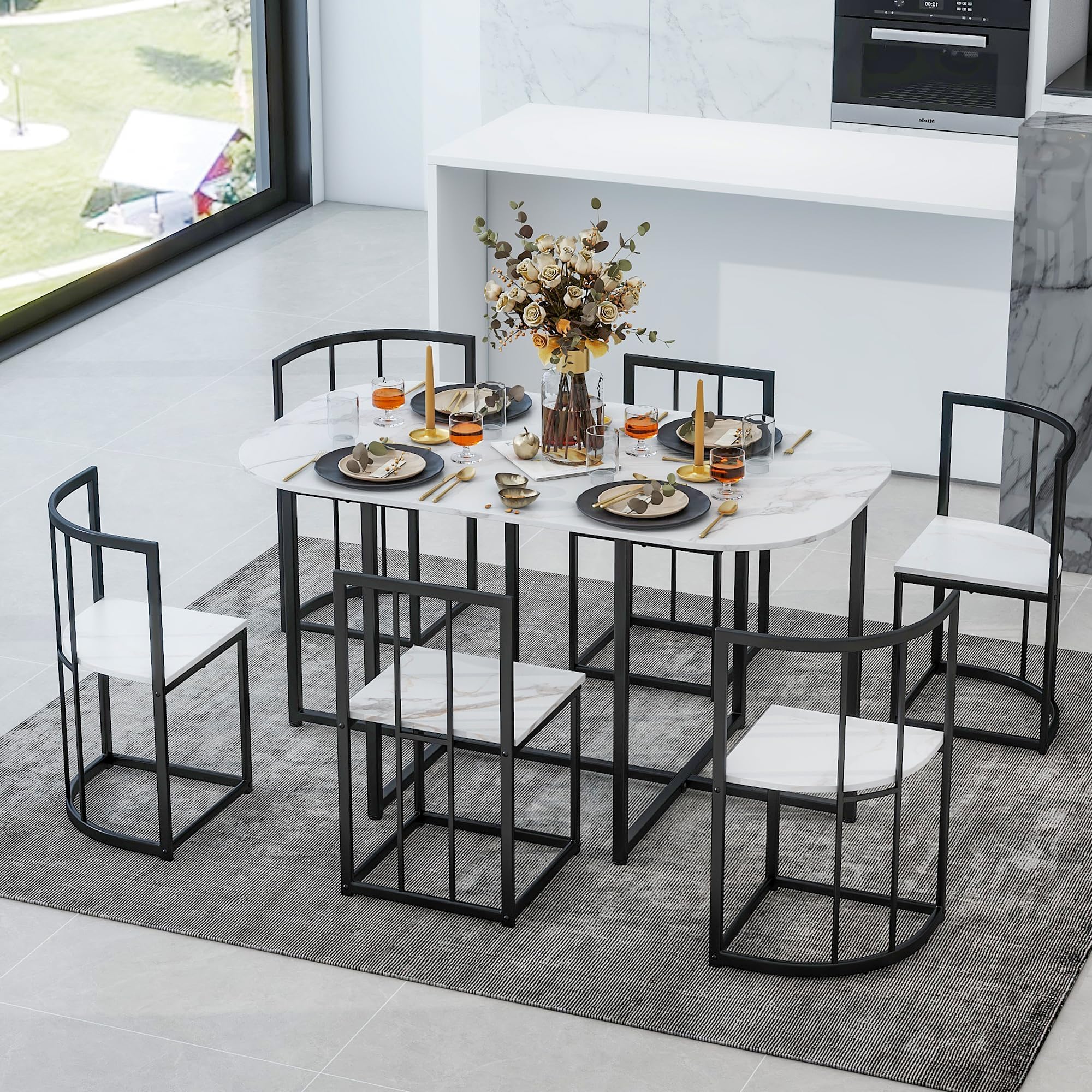 Amazon.com: TISTIK Oval Conference Dining Table and 6 Chairs Pu Seat ...