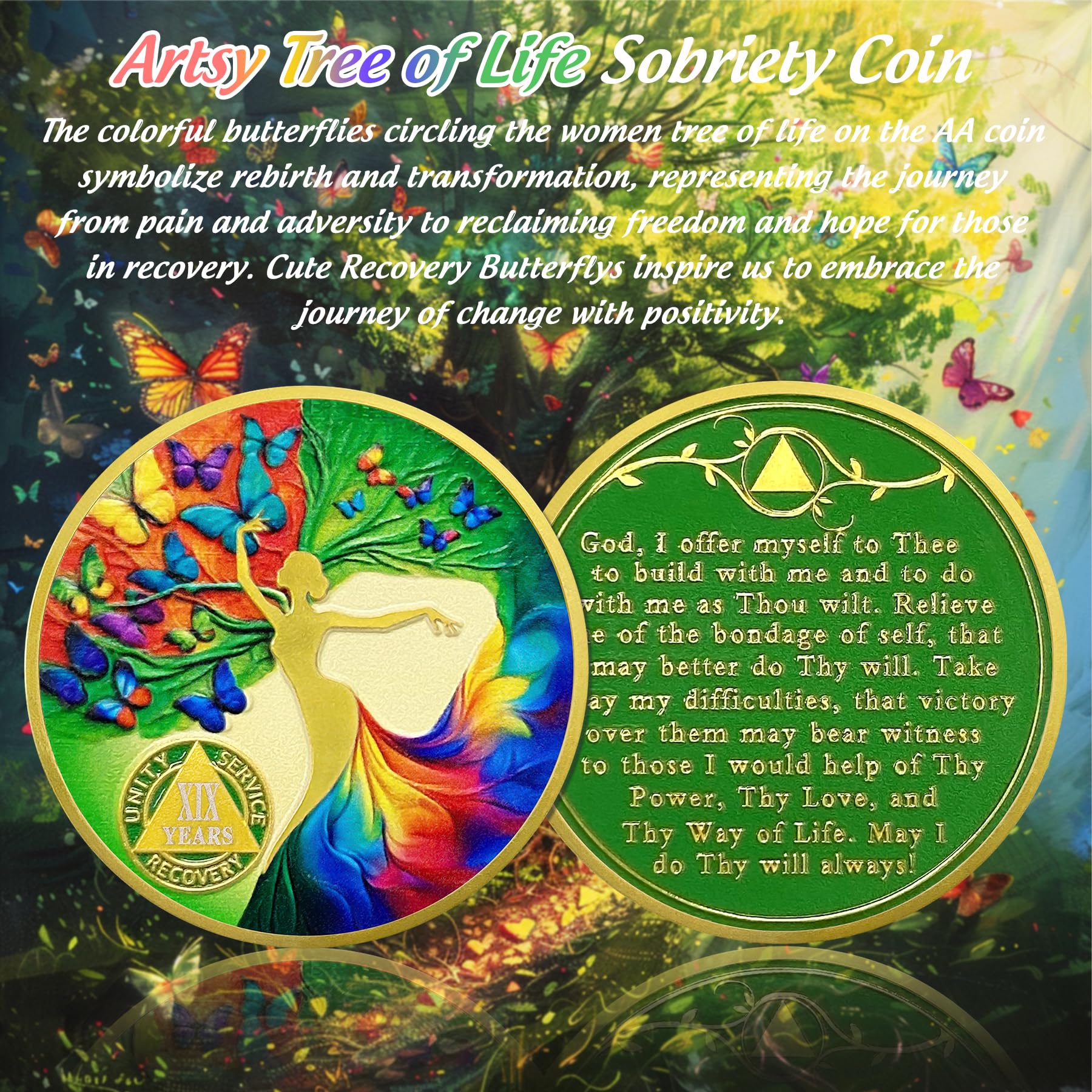 Snapklik.com : Artsy 19 Year Sobriety Coin - Colorful Butterfly Tree Of ...
