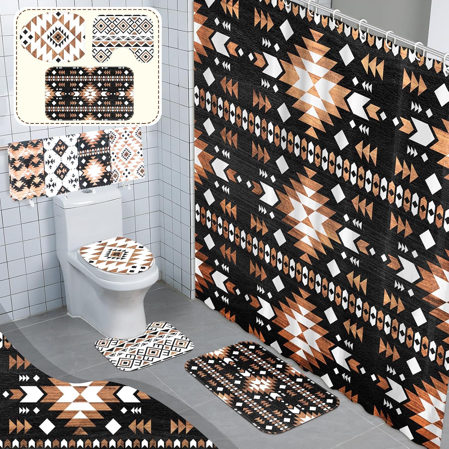 Amazon.com: FuWeave 8 Pcs Western Aztec Shower Curtain Set Geometric ...