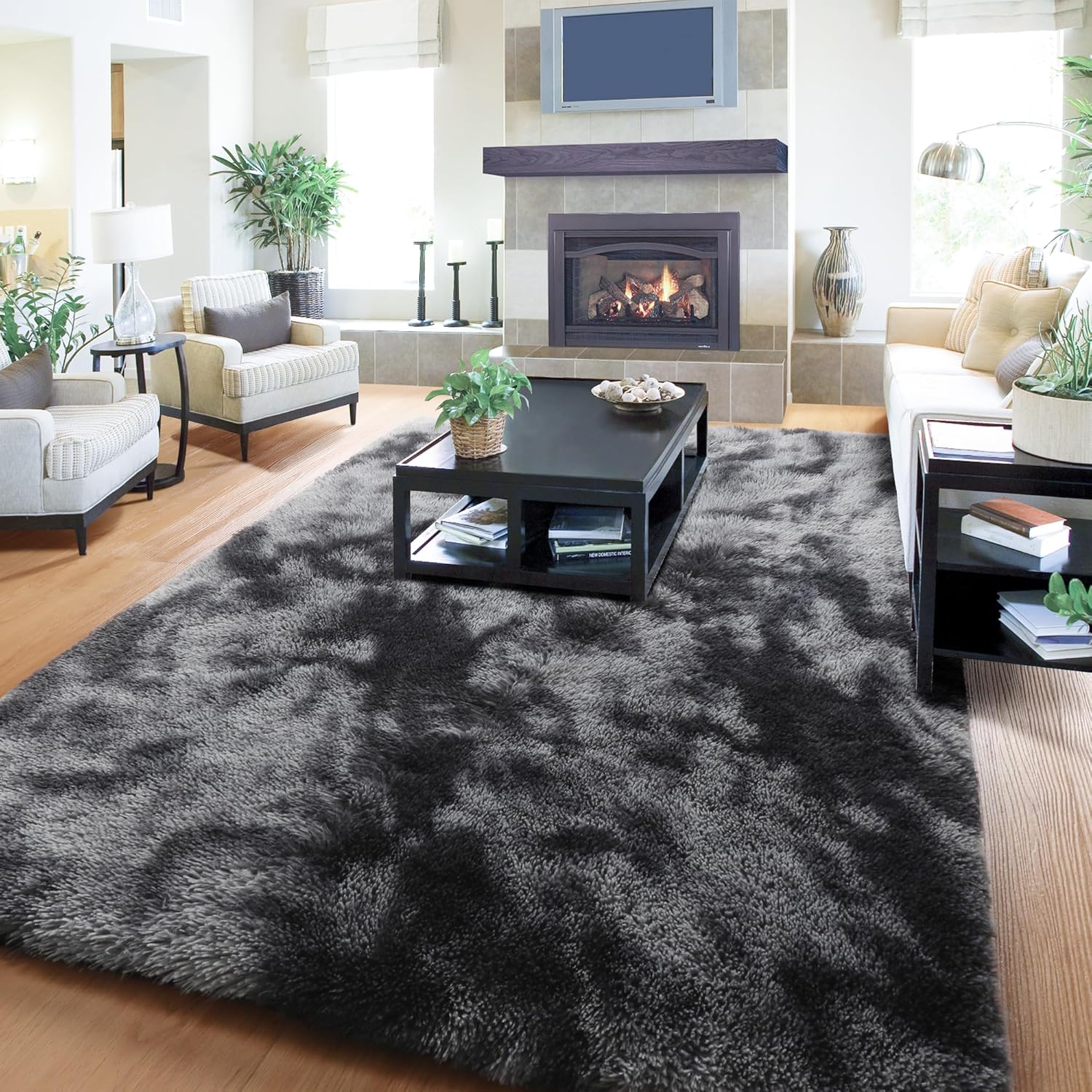 Amazon.com: SAZAMI Soft Shaggy Neutral Tie-Dye Black Grey Area Rug 8x10 ...