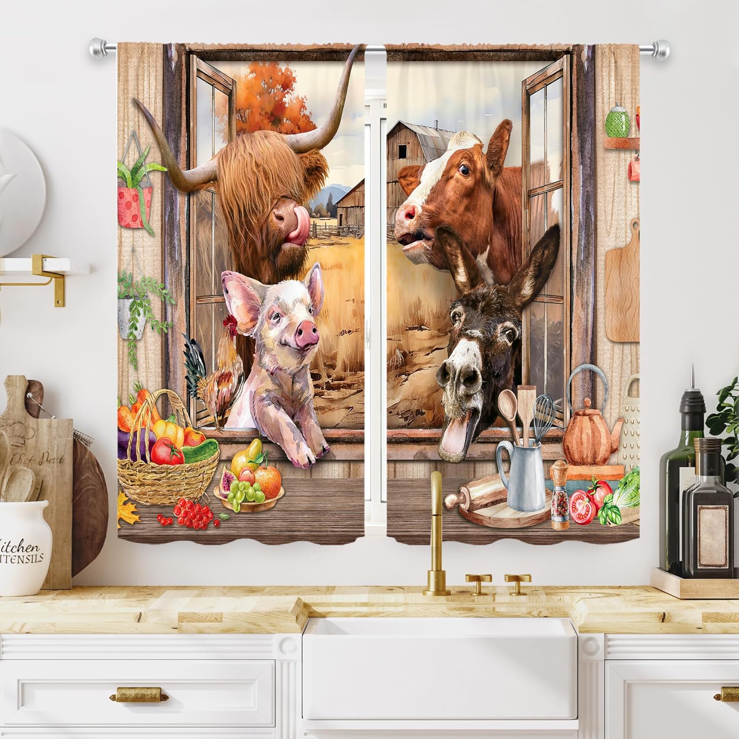 Amazon.com: MESHELLY Farmhouse Funny Animal Kitchen Curtains 27.5Wx39H ...