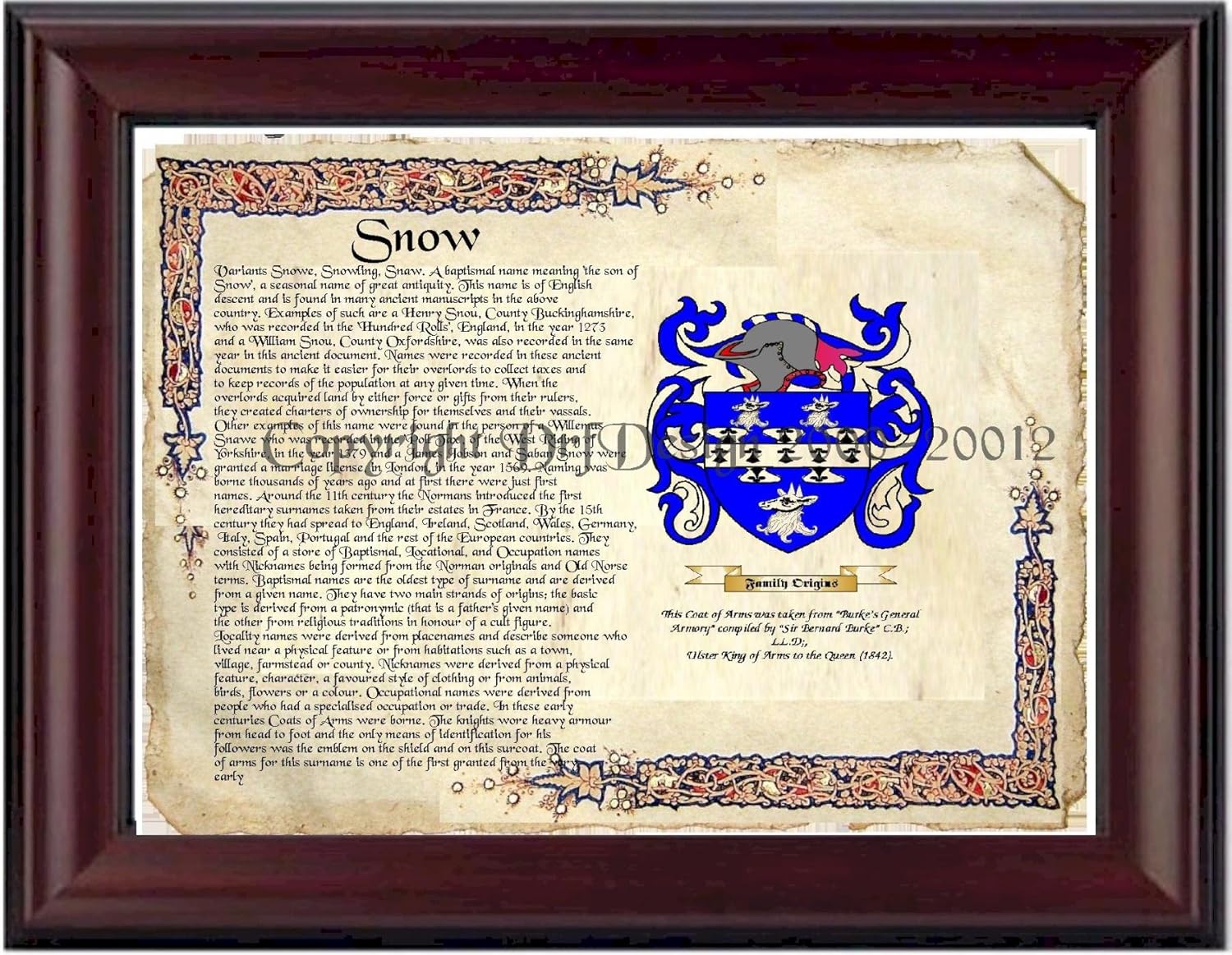 Amazon.com: Snow Coat of Arms/ Family Crest on Fine Paper and Family ...