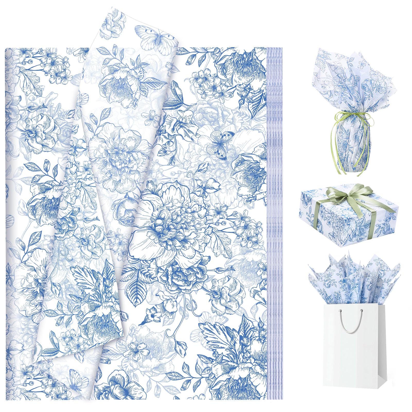 Snapklik.com : 120 Sheets Blue Tissue Paper Vintage Blue Floral Tissue ...
