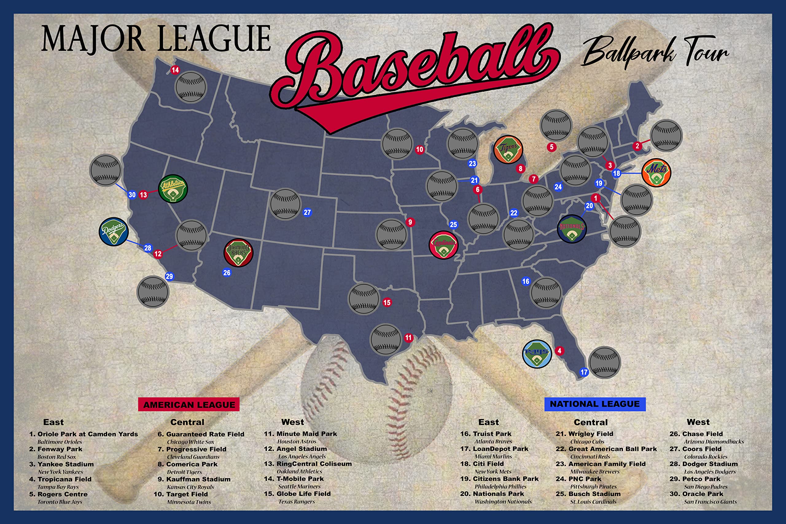 Pro Baseball Stadium Scratch Off Map Ballpark Stadium Bucket List ...