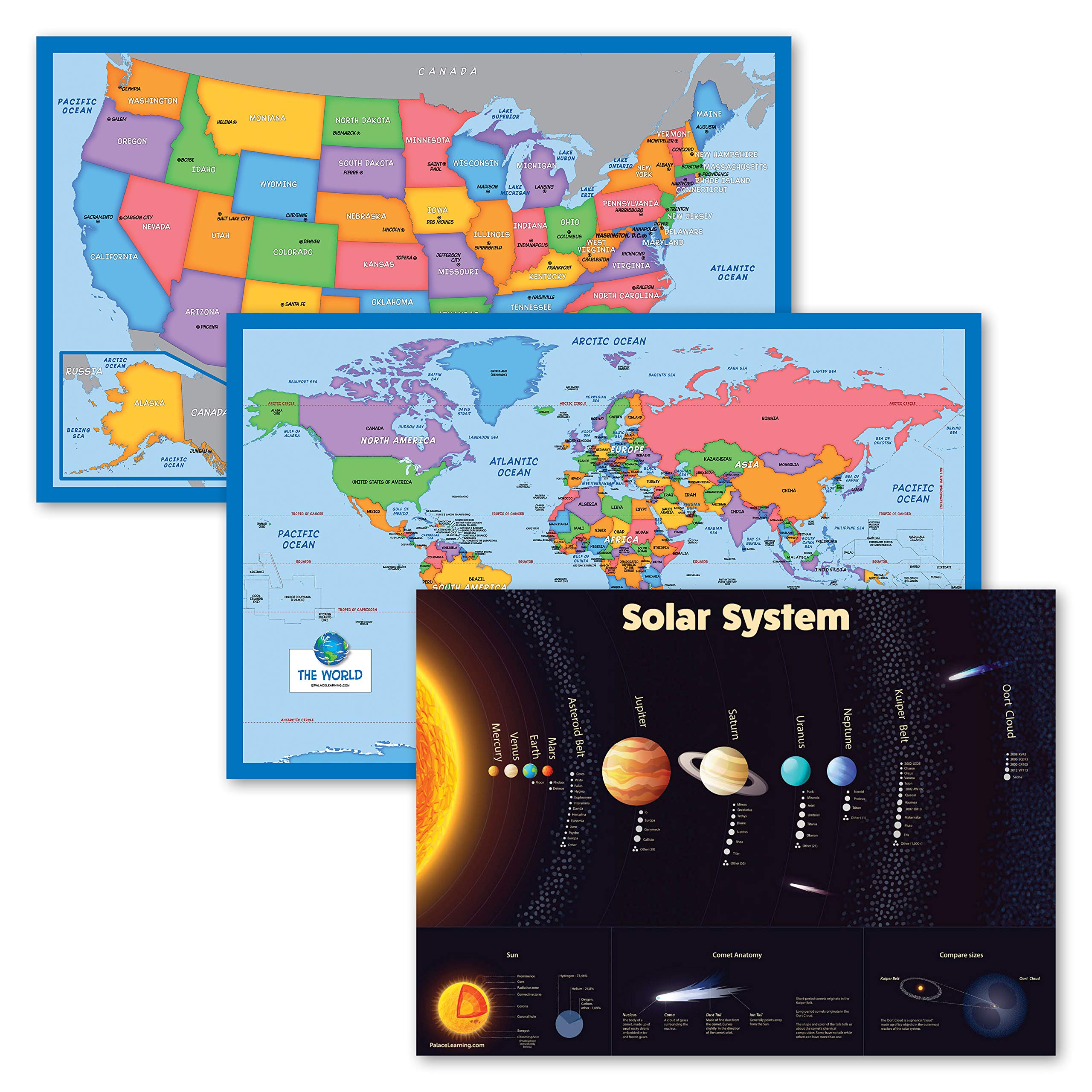 Buy 3 Pack - World & USA for Kids + Solar System - 3 Set (Laminated, 18 ...