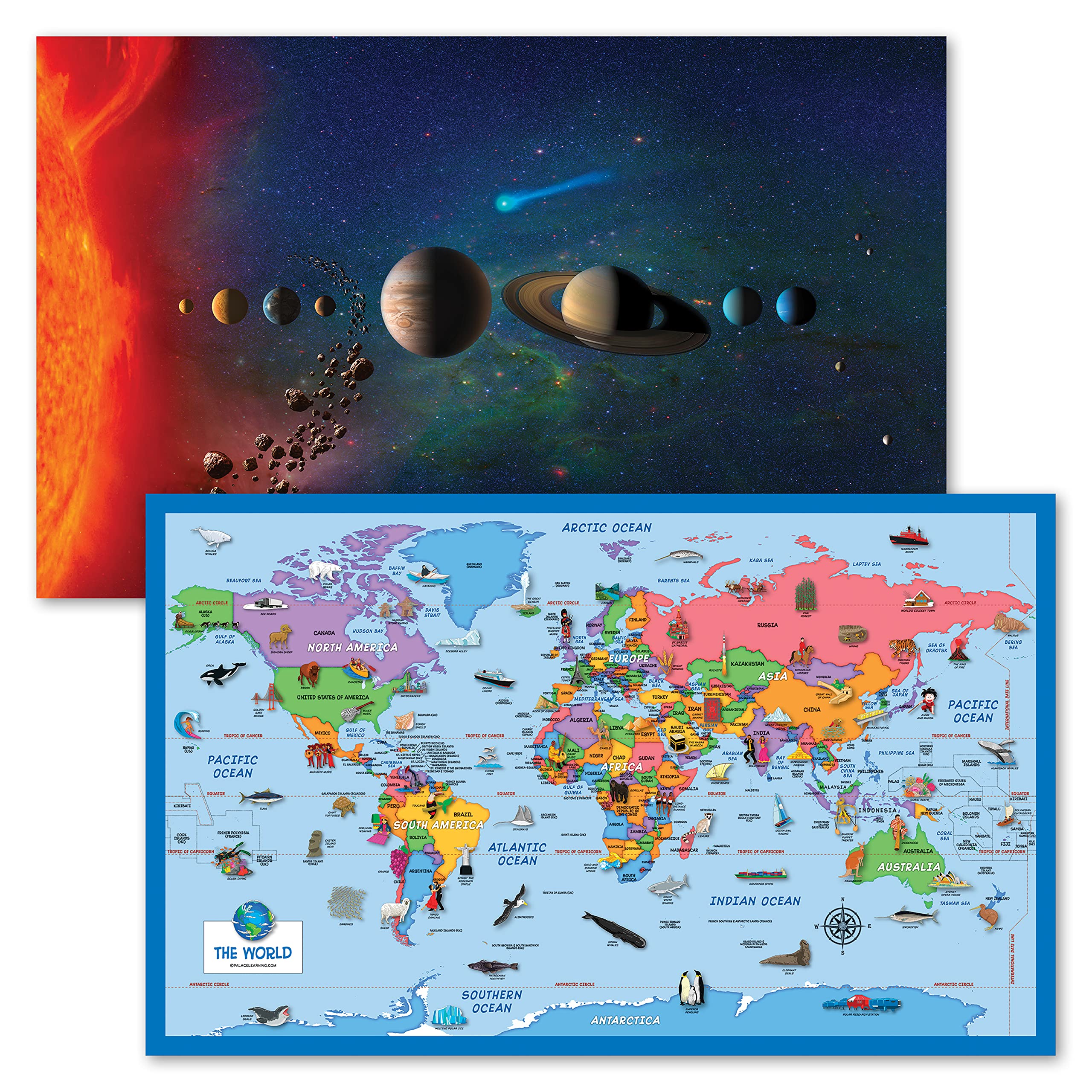 Buy 2 Pack - Solar System [Artistic] & Illustrated World Chart For Kids ...