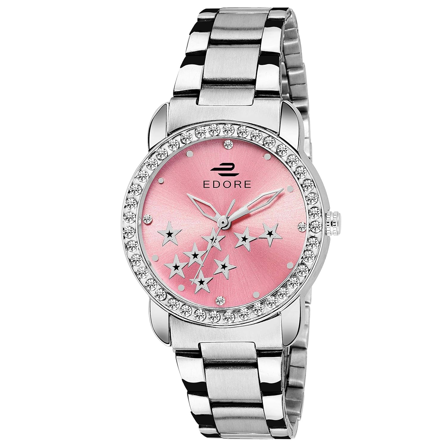 EDORE Elegant Star Studded Diamond Pink Dial Stainless Steel Band Water ...