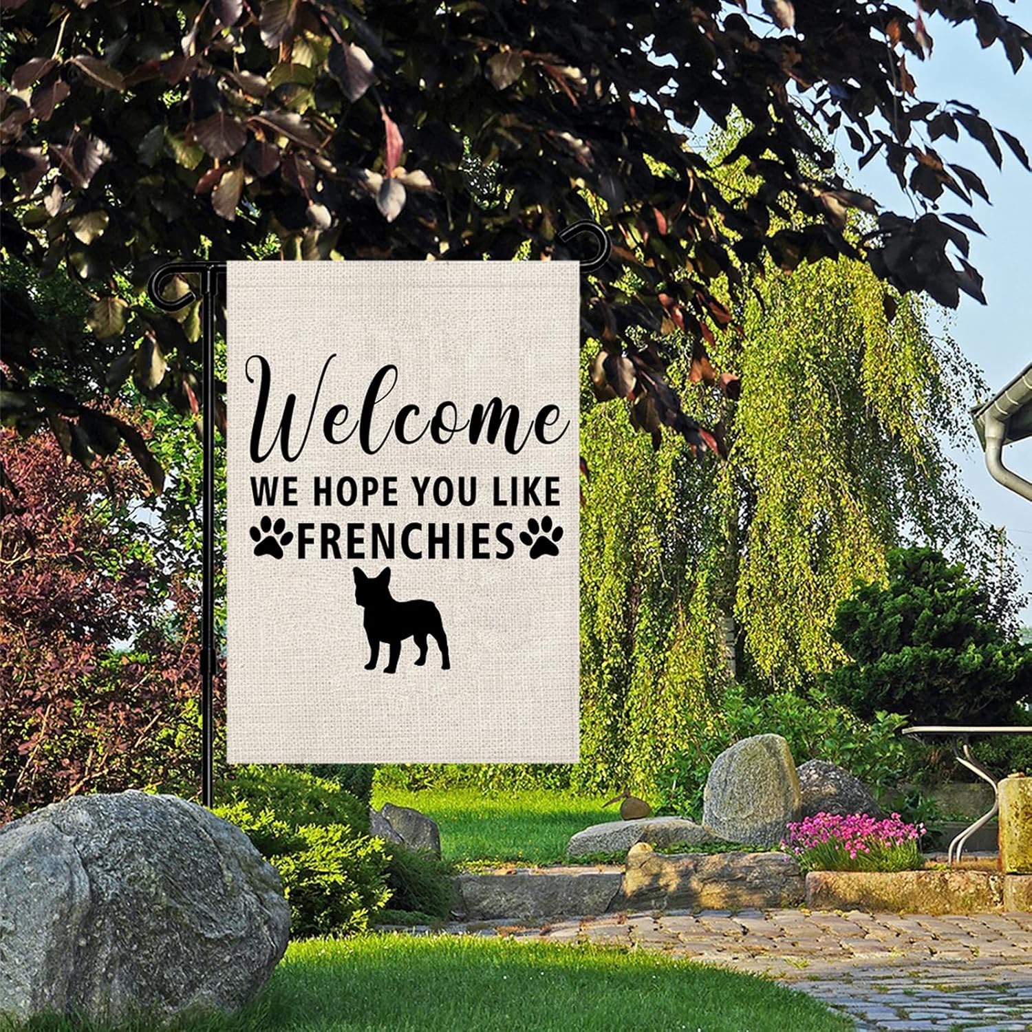 PWHAOO Bandera de jardín de Frenchie con texto en inglés «Welcome We ...