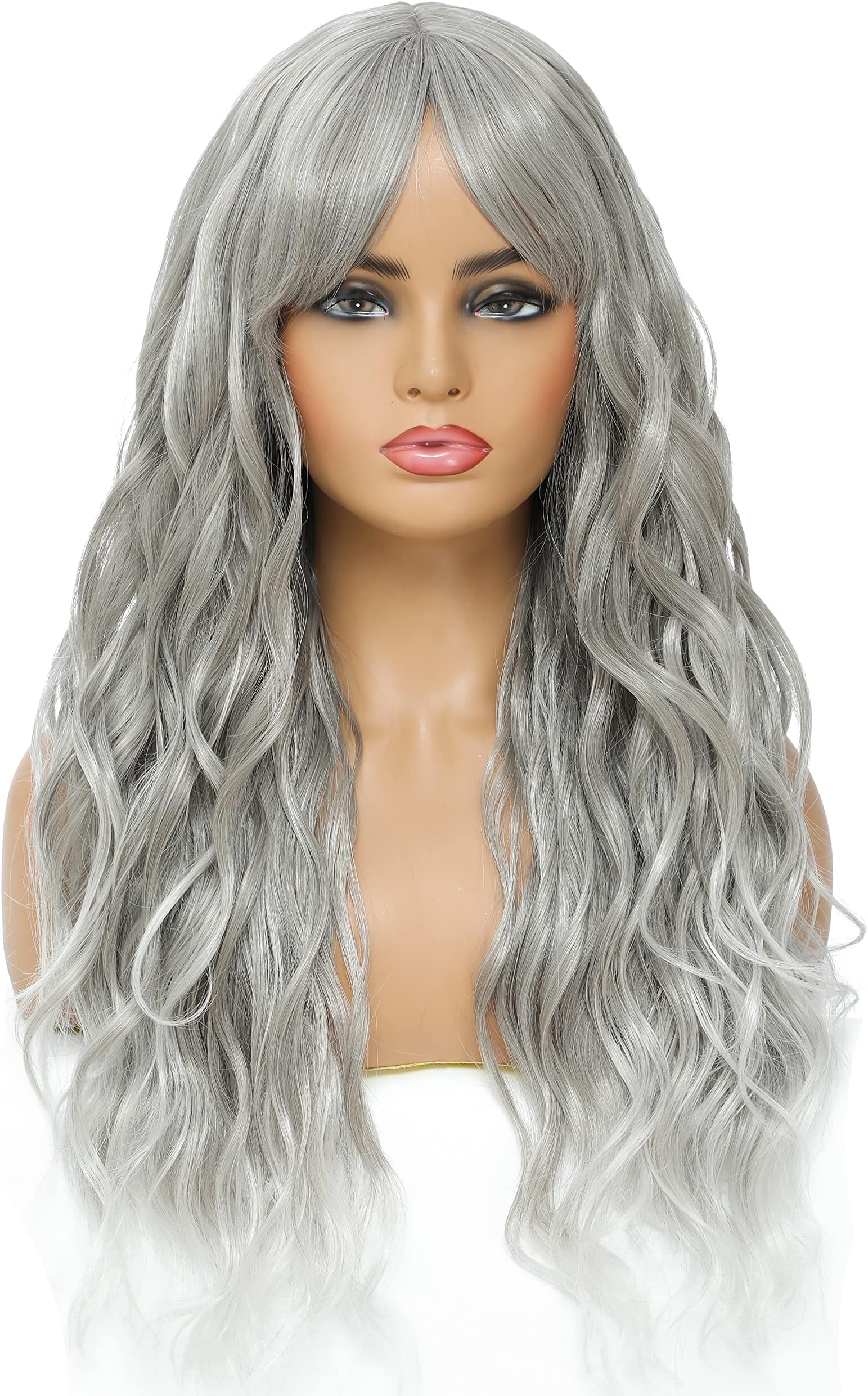 Amazon.com : SWACC Long Curly Wavy Wig with Bangs Synthetic Hair Wig ...