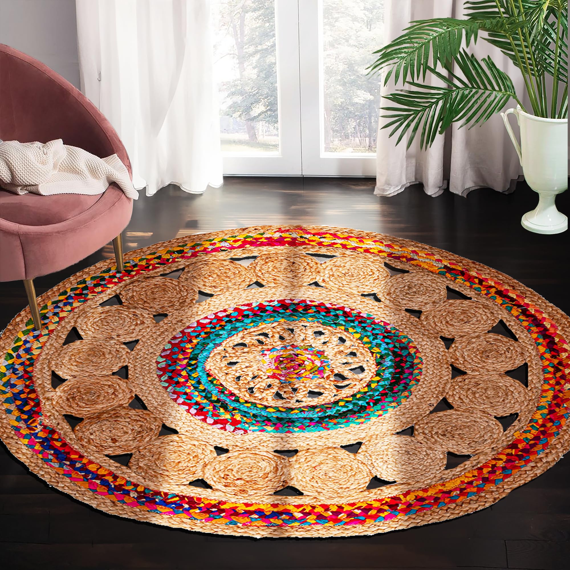Orange Tan Round Jute Rug Hand Made In India Chindi Rag