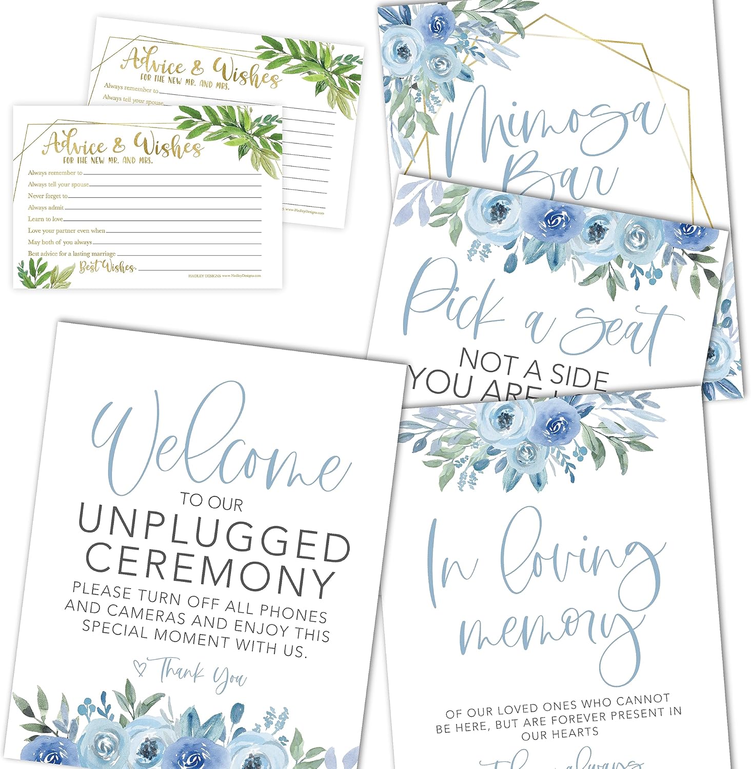 Amazon.com: Hadley Designs 9 Dusty Blue Floral Wedding Signs & 50 ...