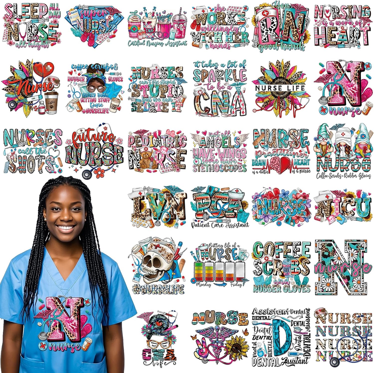 Amazon.com: INCOK Nurse Iron on Transfers - 30 Sheets Colorful DTF ...